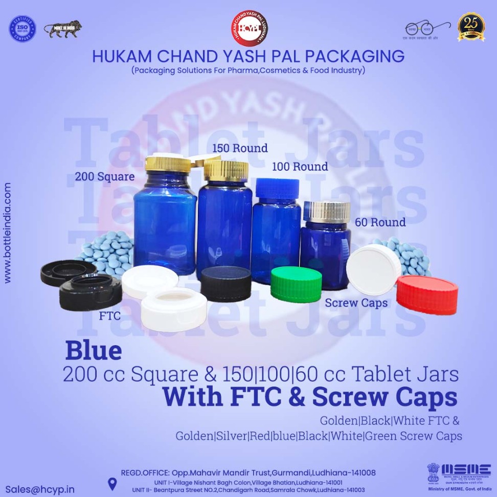 blue round square tablet jars with screw ftc | HUKAM CHAND YASH PAL
