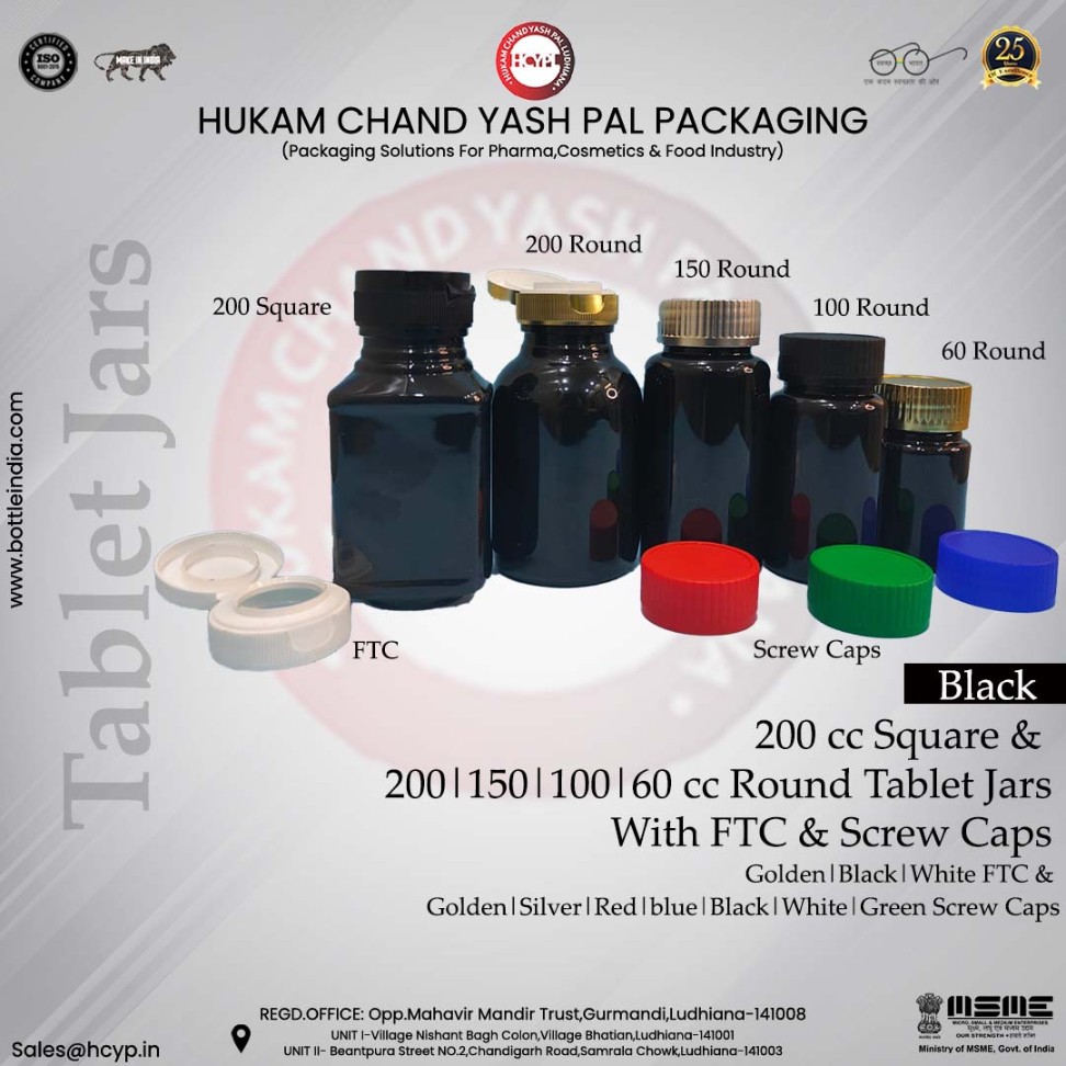 black round square tablet jars with screw ftc | HUKAM CHAND YASH PAL