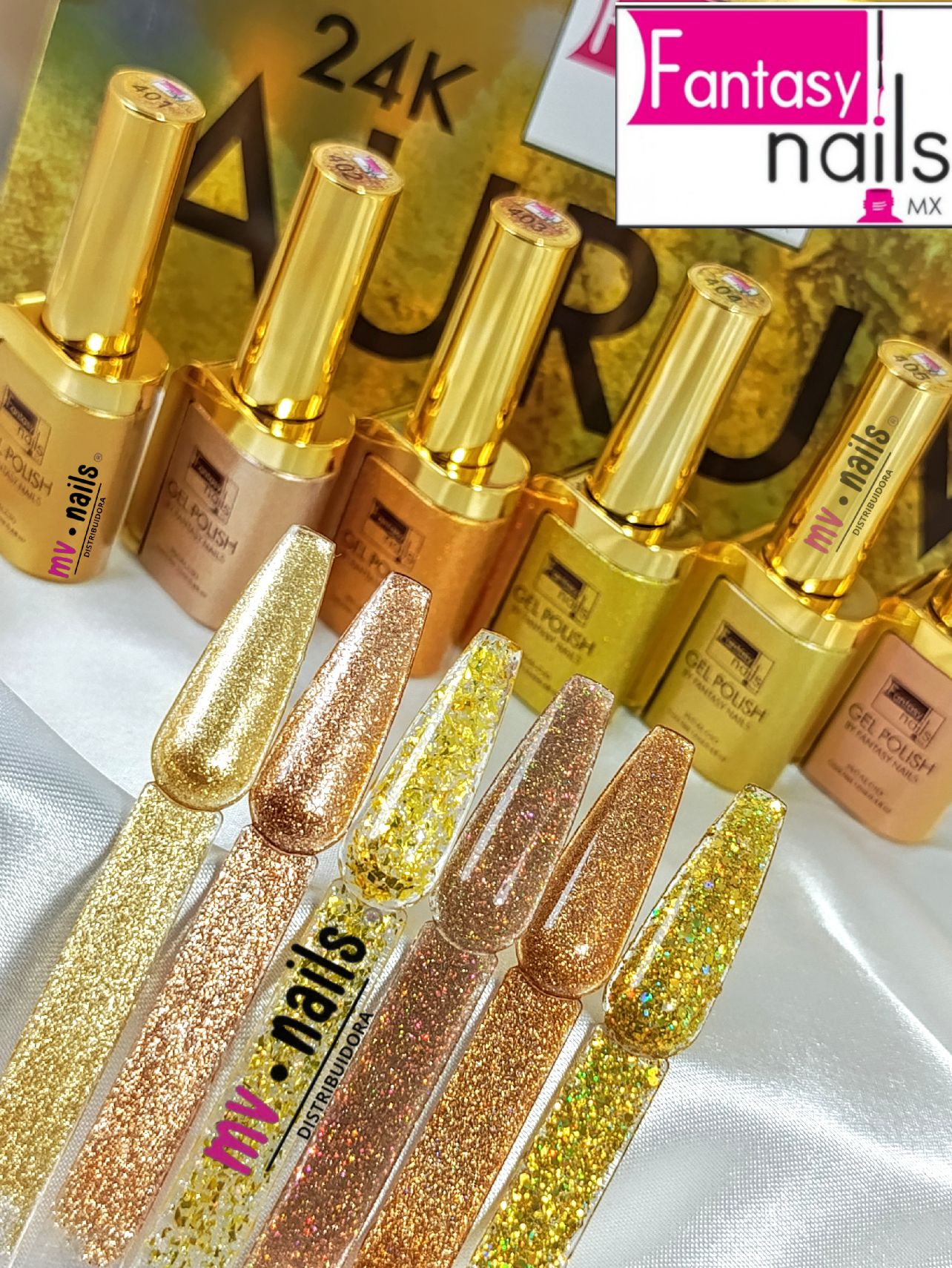 COLECCION GEL FANTASY (NEW) C/6 PZS. 24K AURUM | MV NAILS DISTRIBUIDORA