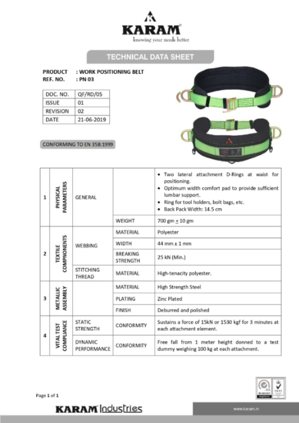 KARAM PN 03 WORK POSITIONING BELT | Expert Safety Solutions
