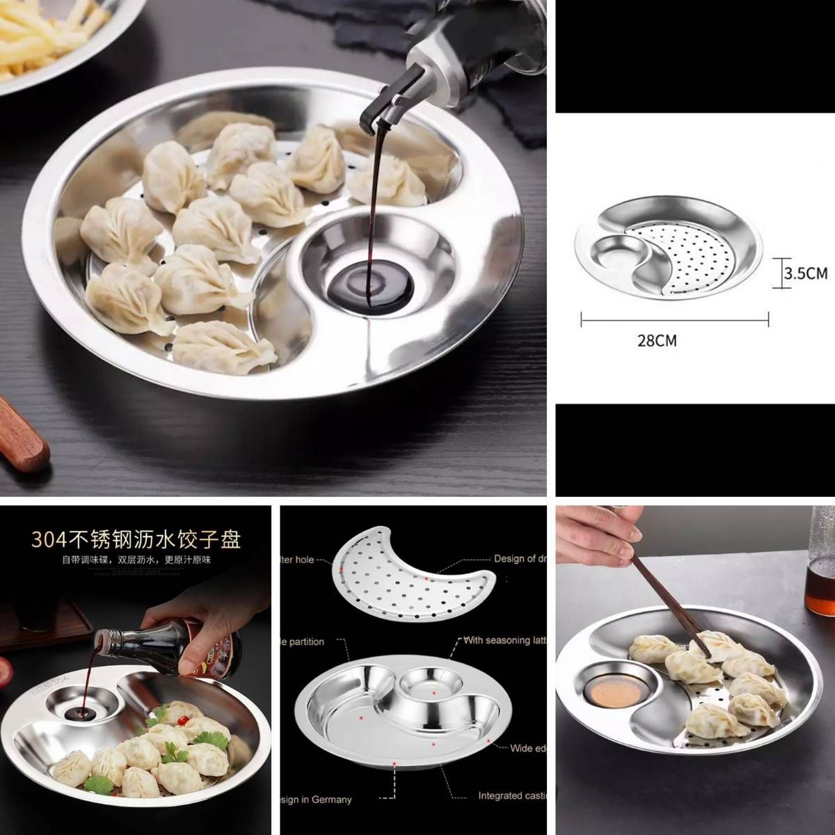 Stainless steel dumpling plate • Serving Food Platter with sauce ...
