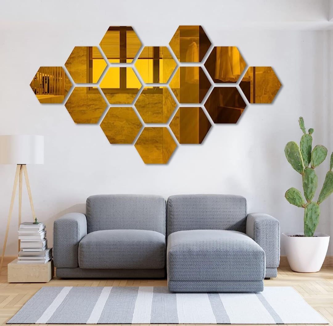 Golden Colour Hexagon Mirror 🪞 Stickers For Decoration-(12cm*11cm)-(10 ...