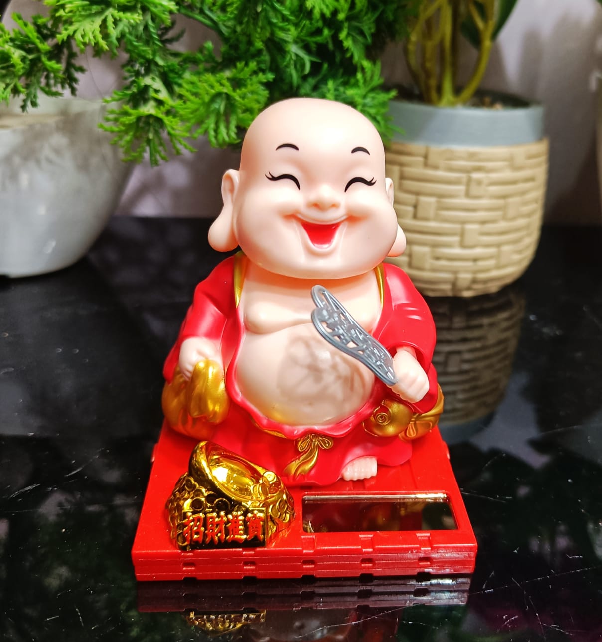 Solar Laughing Buddha with Waving Fan (Size: 10CM) | TwiiMart.in