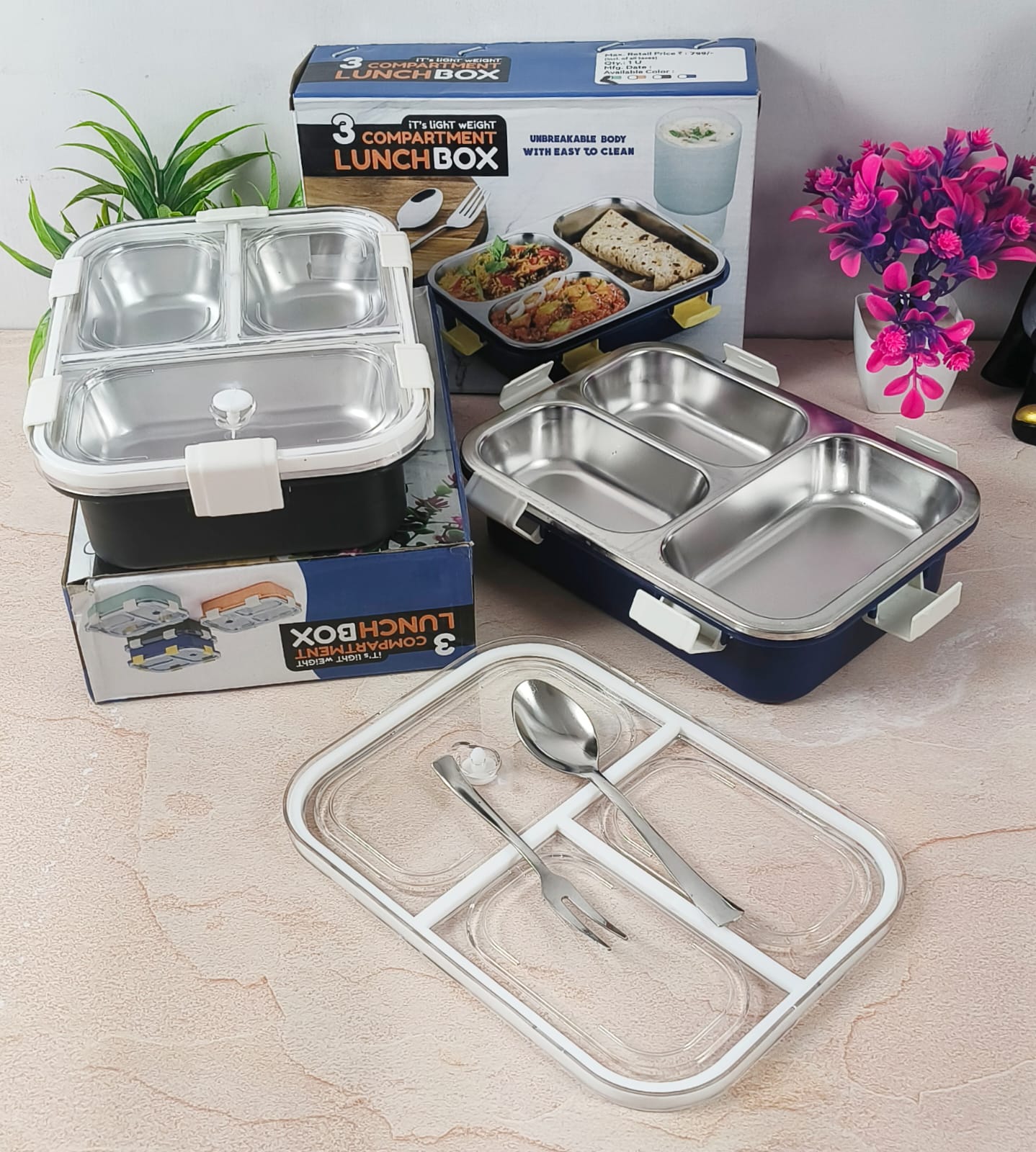 Stainless Steel 3 Compartment LEAK-PROOF LUNCH BOX | TwiiMart.in