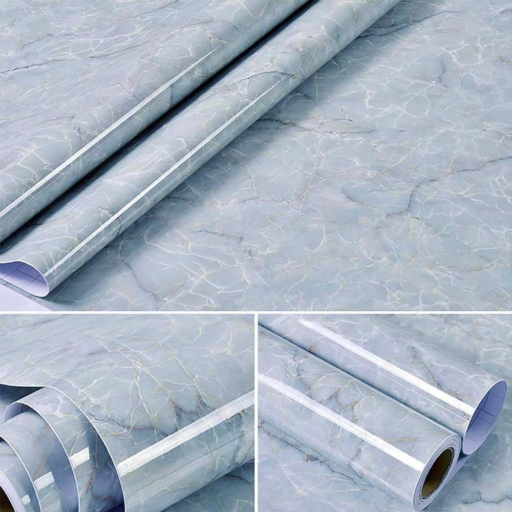 Light Blue Oil-proof Marble Stickers PVC Waterproof Self-adhesive Roll ...