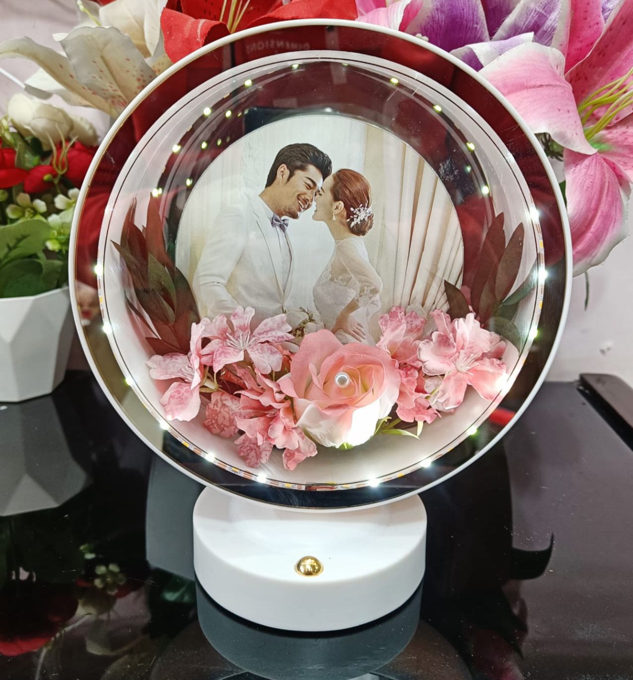 Beautiful Floral Round Magic Mirror & Photo Frame With Touch LED Effect ...