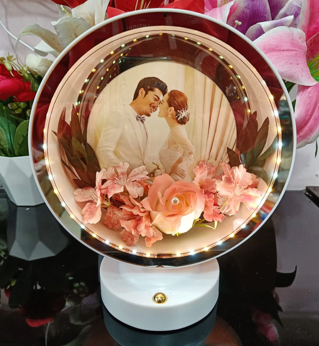 Beautiful Floral Round Magic Mirror & Photo Frame With Touch LED Effect ...