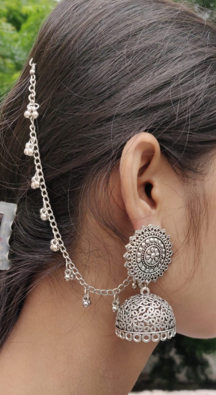 Simple and Small Ghunghroo Ear Chain with Floral design stud Jhumka earrings K M HandiCrafts India