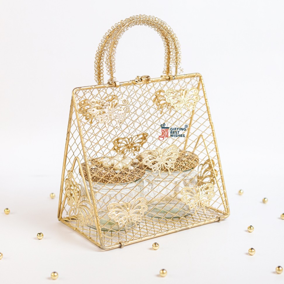 GOLDEN BUTTERFLY MESH BASKET HAMPER WITH GLASS JARS | GiftingBestWishes