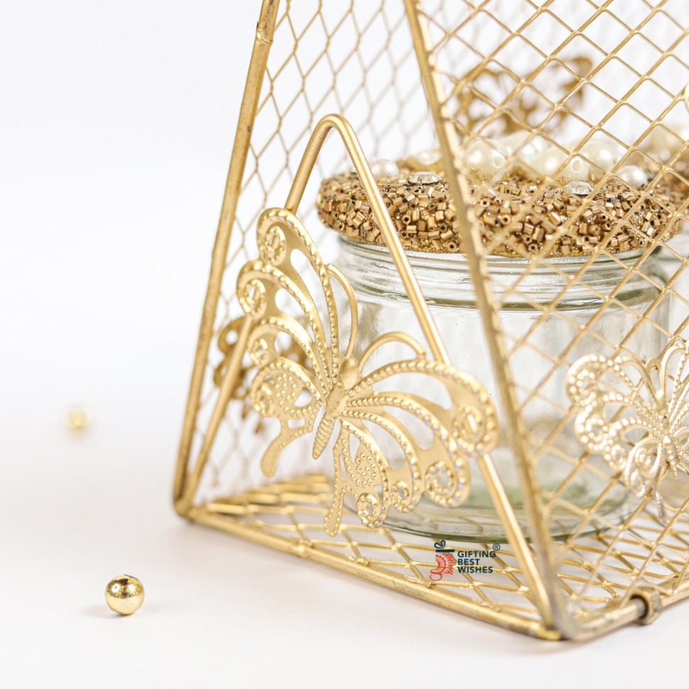 GOLDEN BUTTERFLY MESH BASKET HAMPER WITH GLASS JARS | GiftingBestWishes