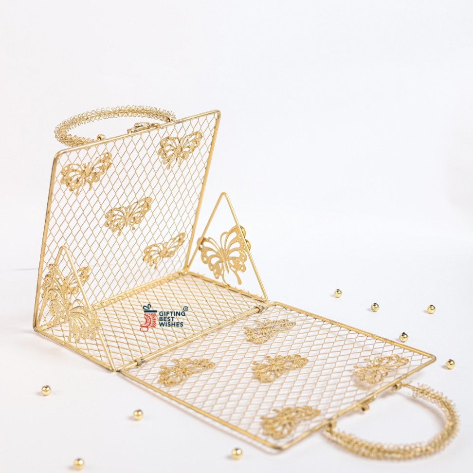 GOLDEN BUTTERFLY MESH BASKET HAMPER WITH GLASS JARS | GiftingBestWishes