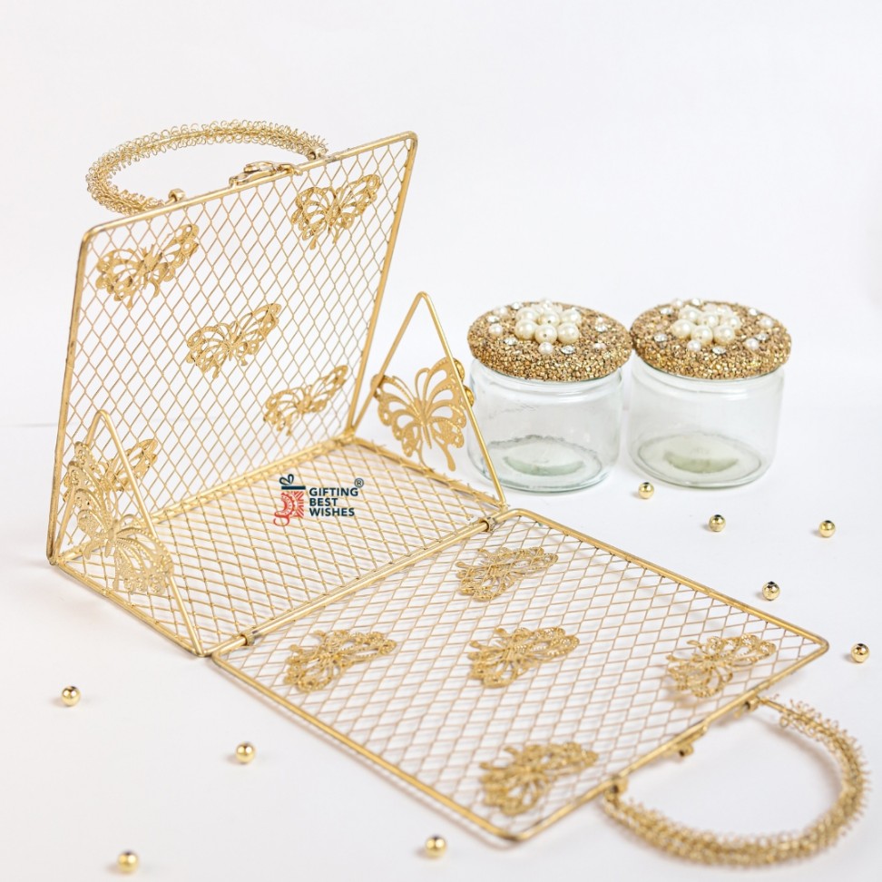 GOLDEN BUTTERFLY MESH BASKET HAMPER WITH GLASS JARS | GiftingBestWishes