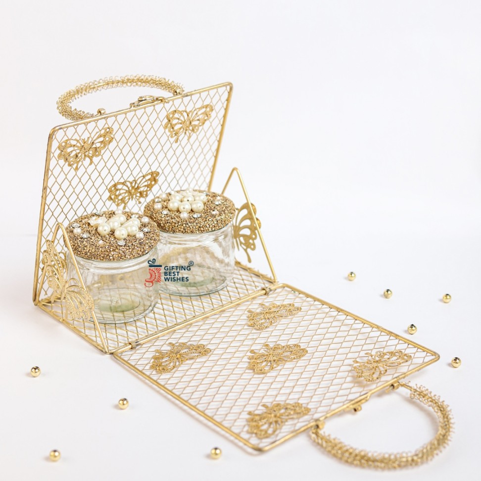GOLDEN BUTTERFLY MESH BASKET HAMPER WITH GLASS JARS | GiftingBestWishes