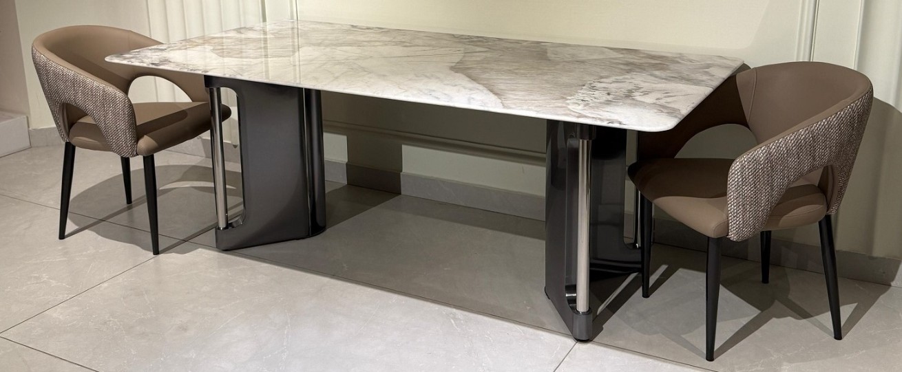 MIDT-681 - 8 Seater Dining Table with 8 Beige Chairs - Marble Top Size ...