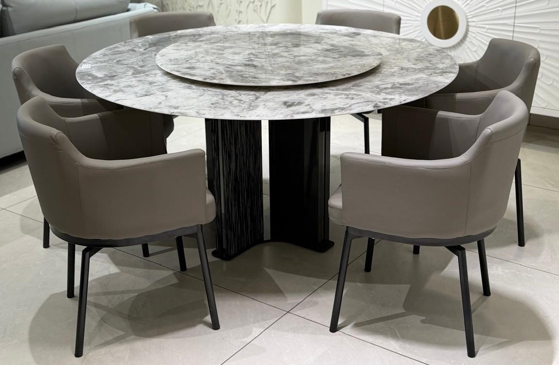 MIDT-860 - 6 Seater Round Dining Table with 6 Revolving Grey Chairs ...