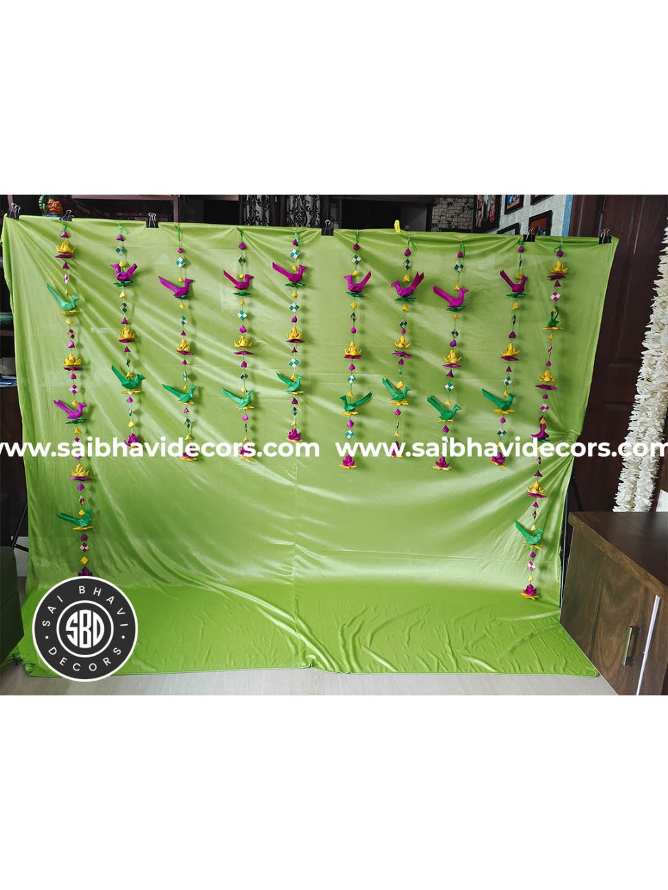 Light Green Backdrop Set With Palm Leaf Strings | Sai Bhavi Decors