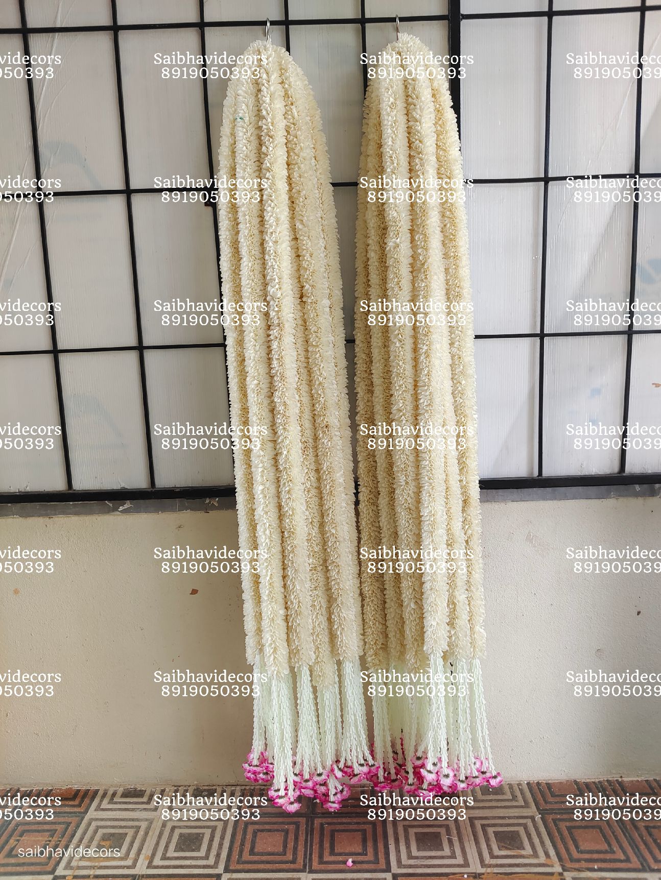white strings with velvet rose tassel | Sai Bhavi Decors